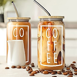 Set of 2 | 16 oz Iced Coffee Cup with Bamboo Lids + Straws | Mason Jar Cups & Iced Coffee Tumbler with Lid and Straw | Glass Cups for Iced Coffee, Boba Cup | Beer Can Glass & Smoothie Cup - Coffee