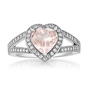 Gem Stone King 925 Sterling Silver Rose Rose Quartz and White Moissanite Ring For Women (2.47 Cttw, Gemstone Birthstone, Heart Shape 8MM, Available In Size 5,6,7,8,9)