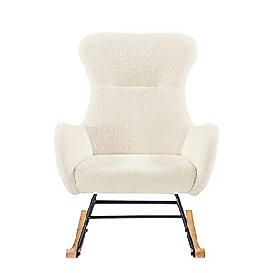 Recaceik Rocking Chair, Modern Teddy Fabric Rocker Glider Chair with High Backrest and Armrest, Comfy Side Chair Bedroom Living Room Chair Armchair, 2 Handy Pockets, Metal Frame, Wood Leg(Beige)