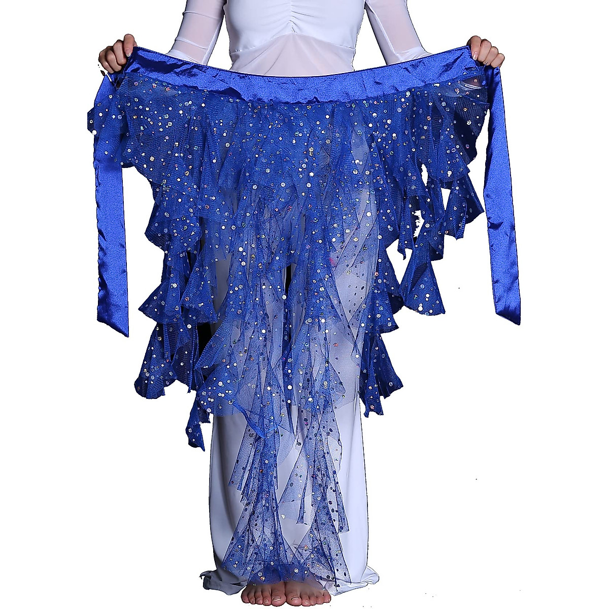 ZLTdream Women's Belly Dance Fox Triangle Waving Cut Hip Scarf Skirt with Tassel Highlight Mesh Dark Blue