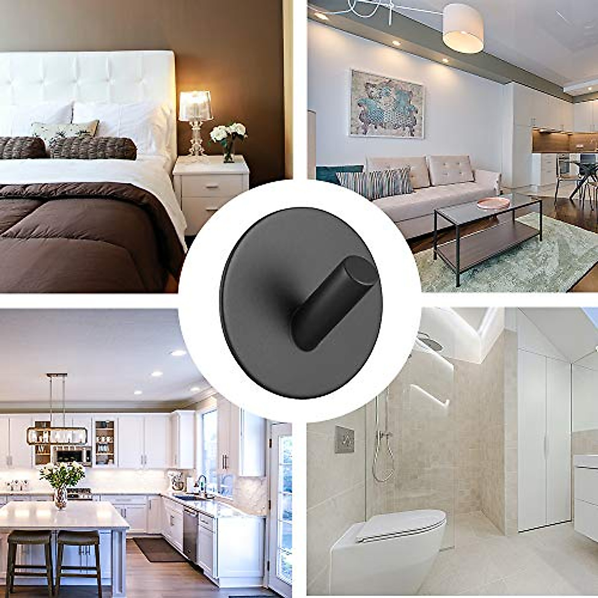 4 Pack Adhesive Hooks Metal Heavy Duty Wall Mounted 3M Sticky Hook for Hanging Coat, Scarf, Bag, Towel, Keys for Home, Bedroom, Entryway NO Damage Wall Hangers Round Matte Black