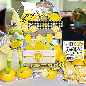 Cocomong Lemon Decor, Lemon Decorations for Kitchen, Lemon Tiered Tray Decor 6 Pieces, Farmhouse Summer Yellow Lemonade Sign for Serving Tray, Decorative Wood Block White and Black Buffalo Plaid Truck