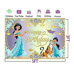 Blue Princess Jasmine Backdrop for Birthday Party Supplies 5x3ft Aladdin Theme Baby Shower Banner for Birthday Party Cake Table Decoration