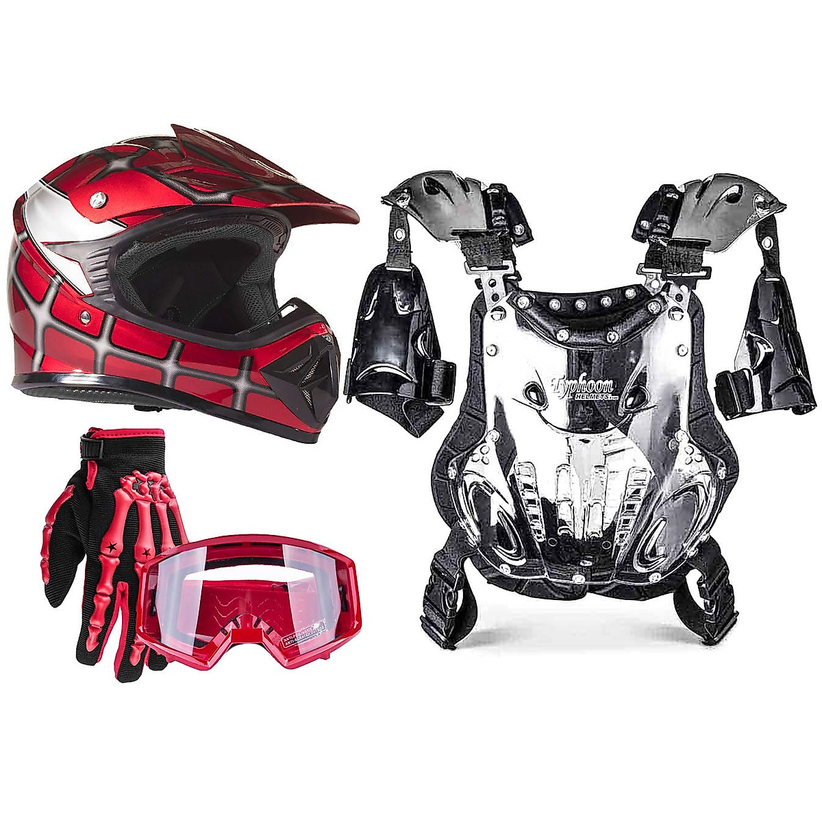 Typhoon Kids Pee Wee Off Road Motocross Gear Combo Helmet Gloves Goggles & Chest Protector Red - Large