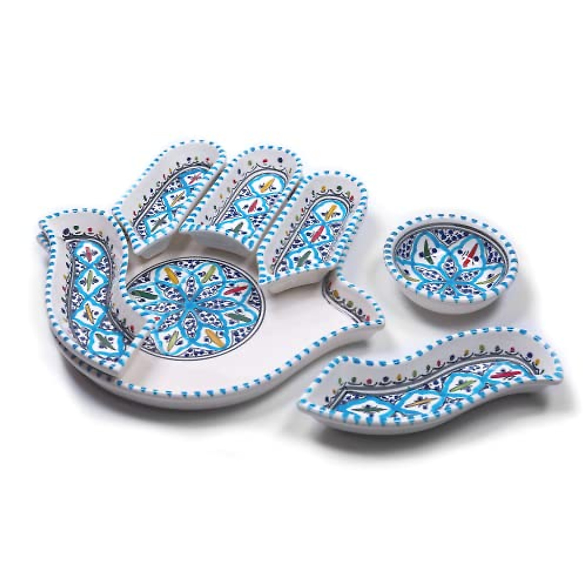 KAMSAH Plate Set & Serving Platter, Custom Hand-Painted Ceramic Appetizer Hamsa Tray Serving Dishes for Celebrations, Parties and Events (Hand - Large, Turquoise)