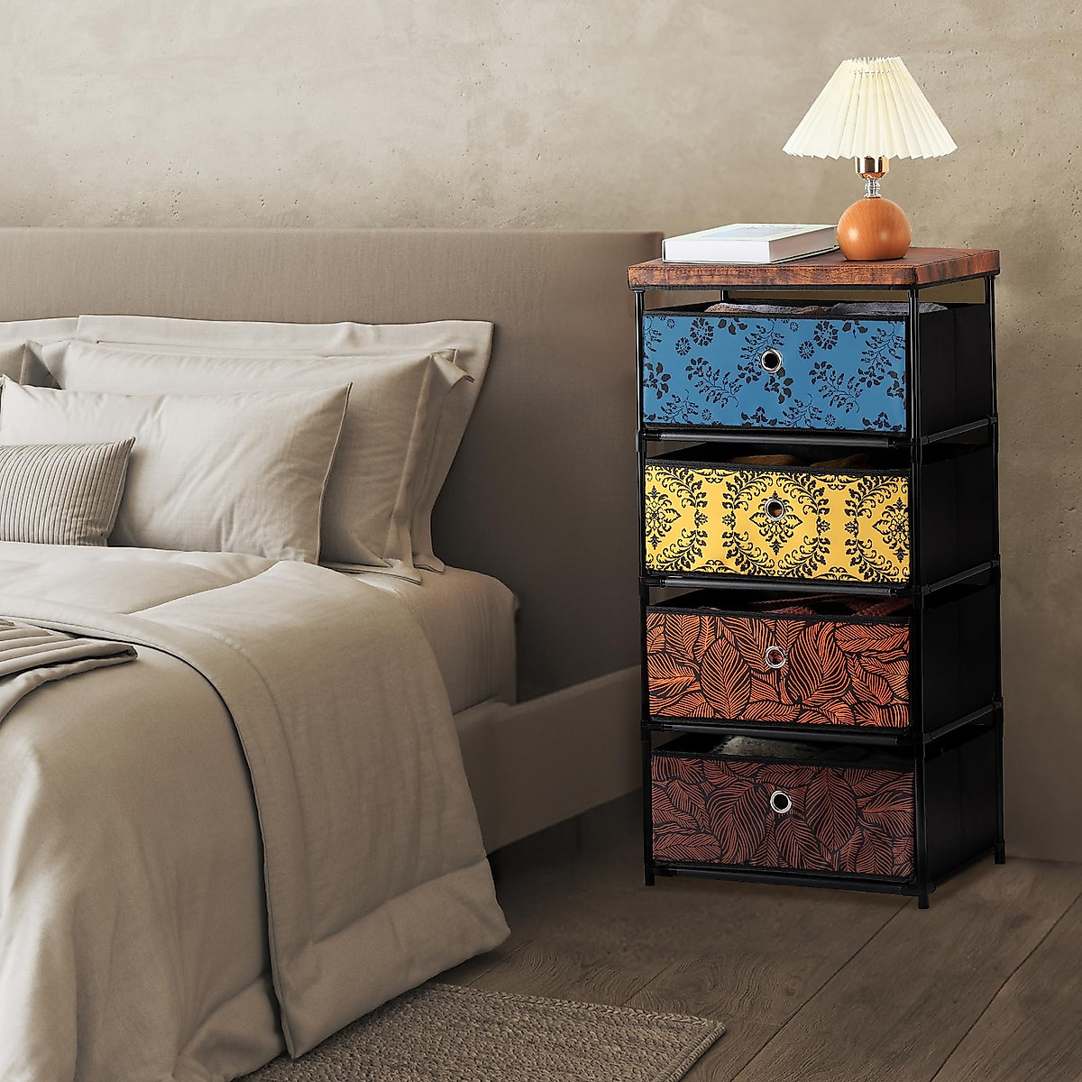 Dresser for Bedroom, 4 Tier Fabric Dresser Tower for Clothes, Drawers Storage with Four Drawers Nightstand with Drawers Retro Cloth Dressers for Bedroom, 16.5 * 12.9 * 33.0in
