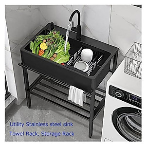 Stainless Steel Sink Free Standing Sink Commercial Outdoor Kitchen Sink Black, Single Bowl Compartment Workbench Sink Commercial Sink with Faucet, for Indoor Garage Laundry Utility Room (One Colo