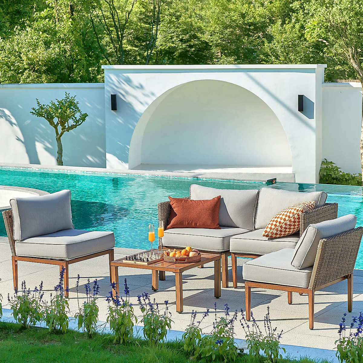 NATURAL EXPRESSIONS Patio Furniture Sets, 5 Pieces Wicker Outdoor Sectional Couch Sofa Patio Outdoor Furniture Conversation Set with Handwoven Rattan,Handbrush Wooden Grain Metal Frame,5" Cushions