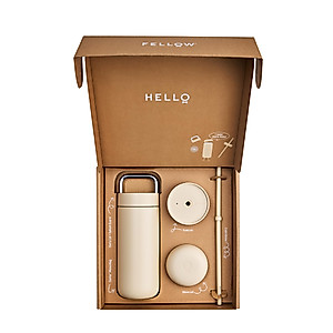 Fellow 16 oz Carter Bundle (3 in 1) Travel Mug with Carry Handle, Move & Cold Lids with Straw - To-Go Coffee Tumbler, Ceramic Interior & Vacuum-Insulated Stainless Steel - Coffee Cups-Sand Dune