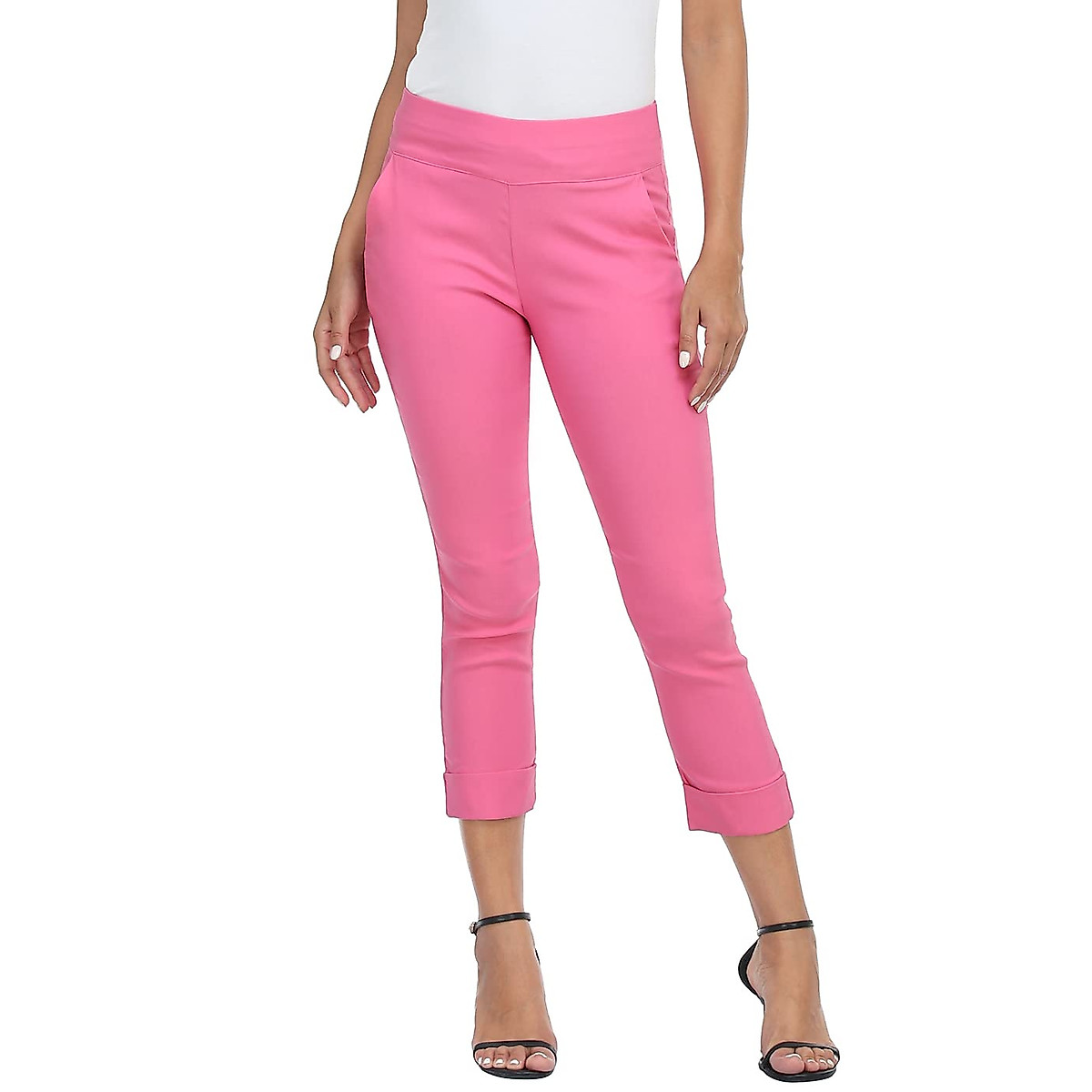 HDE Pull On Capri Pants for Women with Pockets Elastic Waist Cropped Pants Hot Pink - XXL