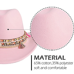 Gossifan Women Men Western Cowboy Cowgirl Hat Fedora Hat with Belt-Tassel Pink
