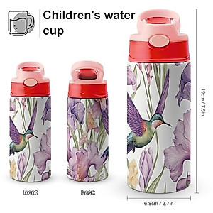 Stainless Steel Water Bottles Hummingbirds Irises Flowers Travel Water Cups with Handle And Silicone Straw Drinking Cup with Leak Proof Lid Thermo Travel Mug for Women Men