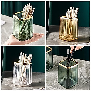 DASITON Makeup Brush Holder Organizer, Square Green Cosmetic Container Storage Holder , Vintage Stripe Make Up Brush Cup