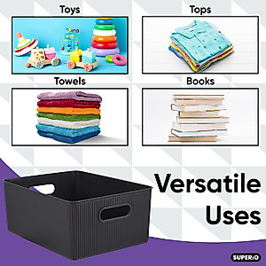 Superio Ribbed Collection - Decorative Plastic Lidded Home Storage Bins Organizer Baskets, Large Brown (1 Pack - 15 Liter) Stackable Container Box, for Organizing Closet Shelves Drawer Shelf