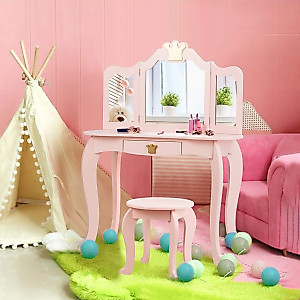 MAT EXPERT Kids Vanity Table & Stool, Princess Makeup Dresser w/Removable Tri-Folding Crown Mirror, 2 in 1 Wooden Kids Girl Vanity w/Drawer, Princess Pretend Play Makeup Dresser Gift (Pink)