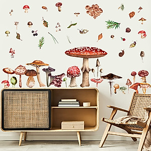 Glenmal 72 Pcs Watercolor Mushroom Wall Decals Giant Mushroom Decal Walls Peel and Stick Removable Mushroom Wall Decor Wallpaper Vinyl Wall Sticker for Bedroom Furniture(Retro Style)
