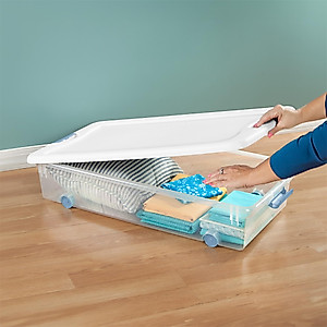 Sterilite 56 Qt Wheeled Latching Storage Box, Stackable Bin with Latch Lid, Plastic Container to Organize Shoes Underbed, Clear with White Lid, 8-Pack
