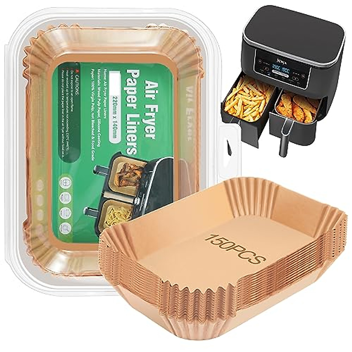 Air Fryer Disposable Paper Liners, 150PCS 8.6''x5.6'' Rectangle Non-stick Baking Paper for Ninja DZ201 DZ401 Foodi Dual Air Fryer Oil-proof, Food Grade Parchment for Baking Microwave (8.6x5.6 150)