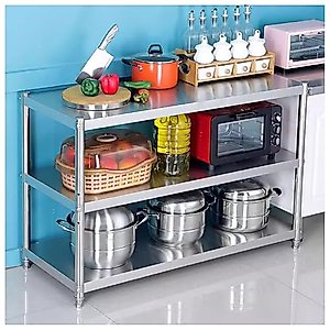 Stainless Steel Preparation Table Three-Tier Kitchen Workbench Metal Table Back Reinforced Beams High Load-Bearing Open Storage Shelves Large Storage(90x40x80cm)