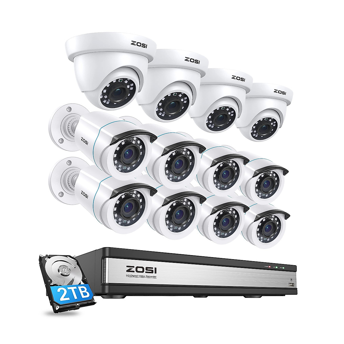 ZOSI 1080p 16 Channel Security Camera System, H.265+ 16 Channel DVR with Hard Drive 2TB and 12 x 2MP Weatherproof Surveillance CCTV Bullet Dome Camera Outdoor Indoor, 80ft Night Vision, 90° View Angle