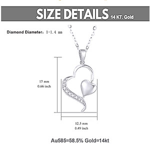 14k White Gold Diamond Heart Pendant Necklace for Women, Fine Anniversary Jewelry for Wife/Girlfriend, Love Gifts for Her (0.1ct), 16+1+1 Inch