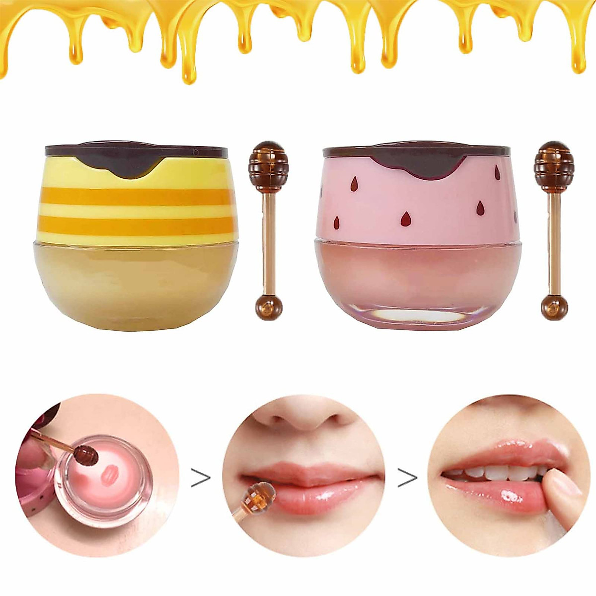 2PCS Bee Lip Balm Honey Pot, Honey & Strawberry Propolis Moisturizing, Hydrating & Prevention Dry and Cracked Lip Scrubs Exfoliator