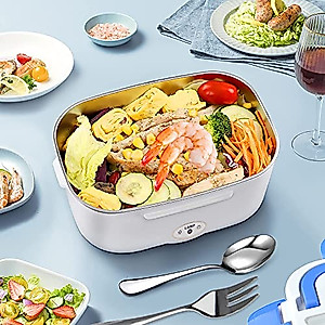 Electric Lunch Box Food Heater, Leak Proof Portable Food Warmer, 3-In-1 Lunch Heating Microwave for Car/Truck/Home, Removable 304 Stainless Steel Container 1.5L, SS Fork & Spoon and Carry Bag, Blue