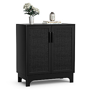 Anmytek Black Rattan Storage Cabinet with 2 Doors, Adjustable Shelf, Large Space - Entryway Hallway Cabinet, Sideboard Buffet for Living Room, Kitchen H0095