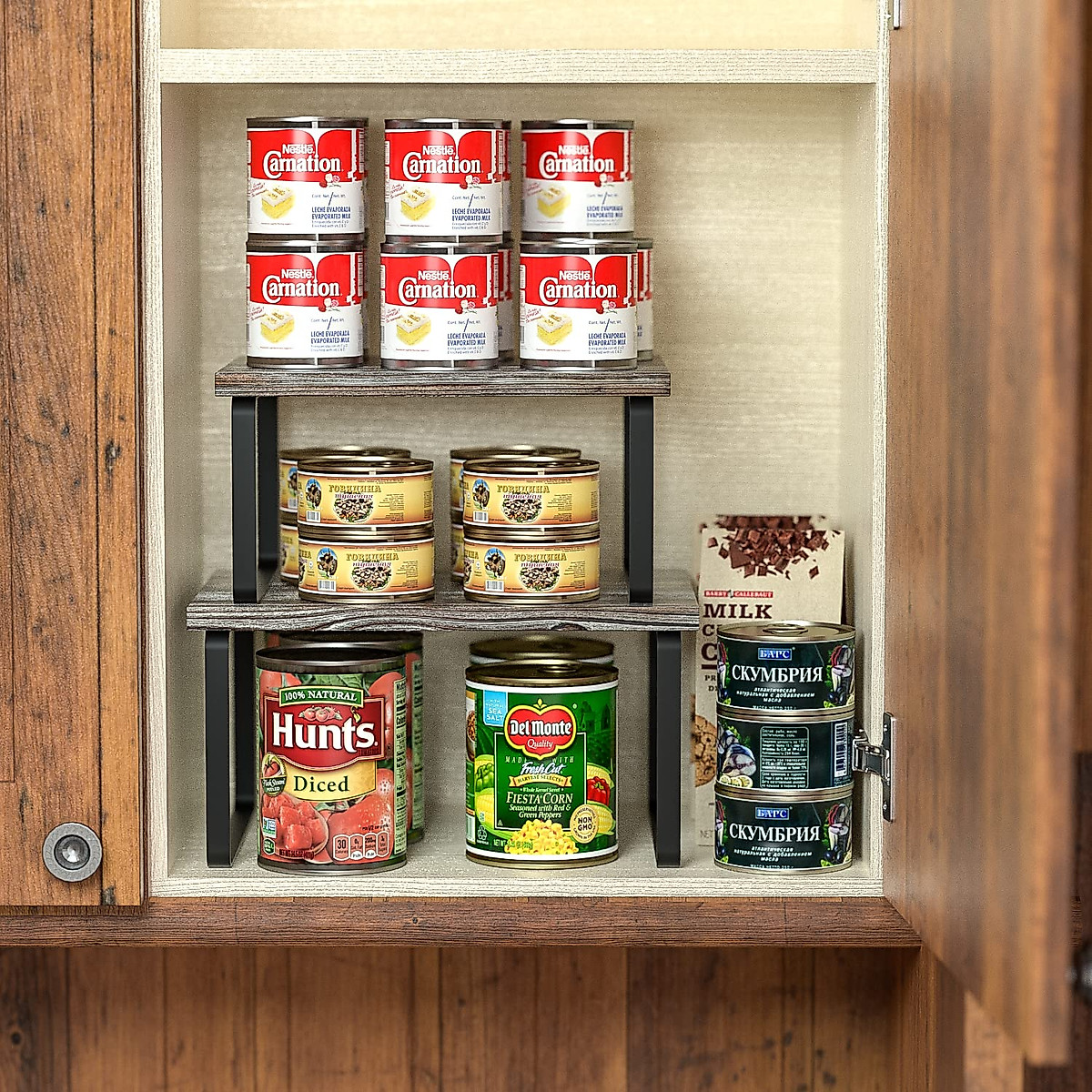 JACKCUBE Design Kitchen Cabinet Shelf Organizer, Countertop Riser, Wood Plate Pantry Shelves Storage, Stackable, Expandable, Metal and Rustic Wood, Set of 2 - MK617A