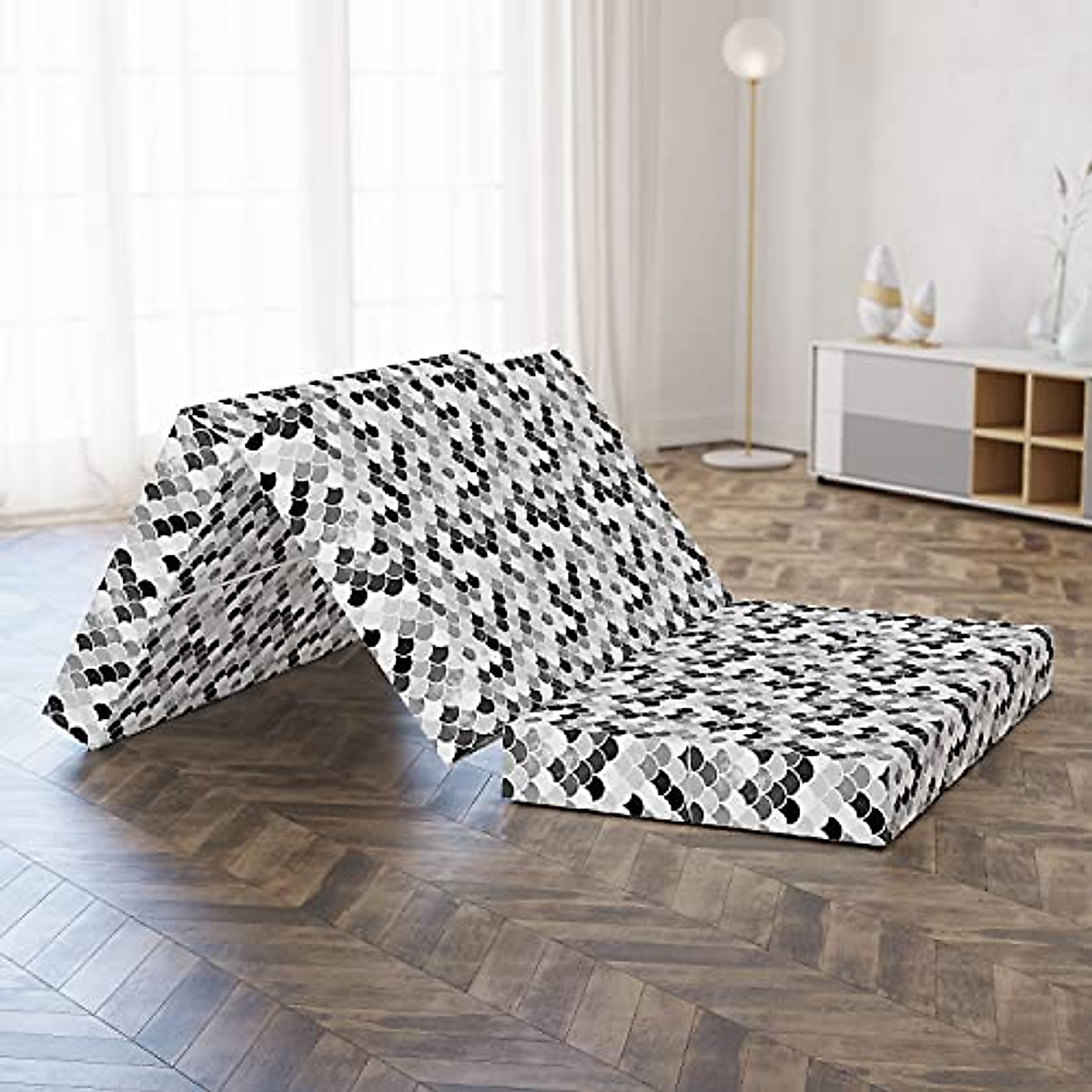 Ambesonne Fish Foldable Mattress, Squama Motif and Scales, 78.7" x 47.2", Black Grey White