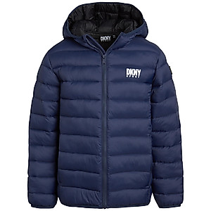 DKNY Boys Jacket – Midweight Insulated Quilted Outerwear Parka Puffer Coat – Water Resistant Boys Winter Hooded Jacket (8-20), Size 14-16, Navy Blue