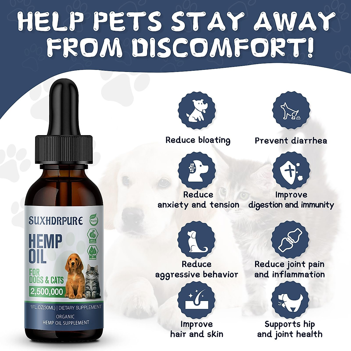 SUXHDRPURE Organic Hеmp Oil for Dogs & Cats Helps Pets with Аnxiety Pаin Strеss Slееp Аrthritis, Sеizures Rеlief Joint Support Hemp Oil Drops Made in USA