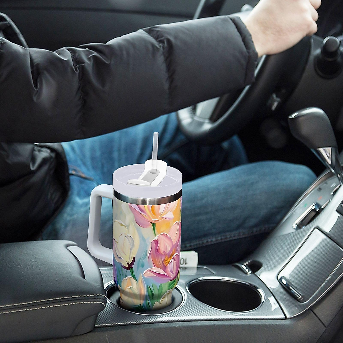 ALAZA Tulip Flower Floral Painting 40 oz Tumbler Stainless Steel Water Bottle Vacuum Insulated Cup with Straw Lid & Handle For Travel Car Cup Holder