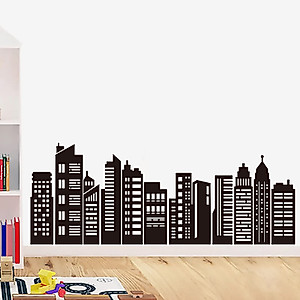 decalmile Black City Skyline Wall Stickers Silhouette Hero Wall Decals Kids Bedroom Boys Room Bathroom Wall Decor