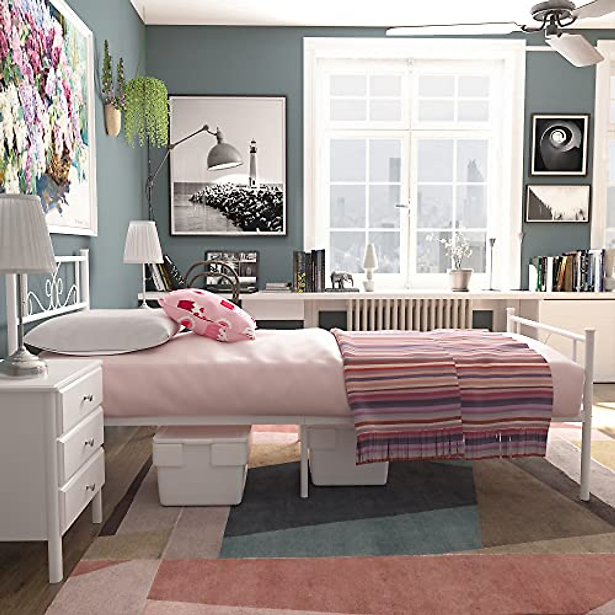 Weehom 12.7 Inch Twin Size Metal Bed Frame with Headboard Platform Bed Steel Slat Support Mattress Foundation Easy Assembly White