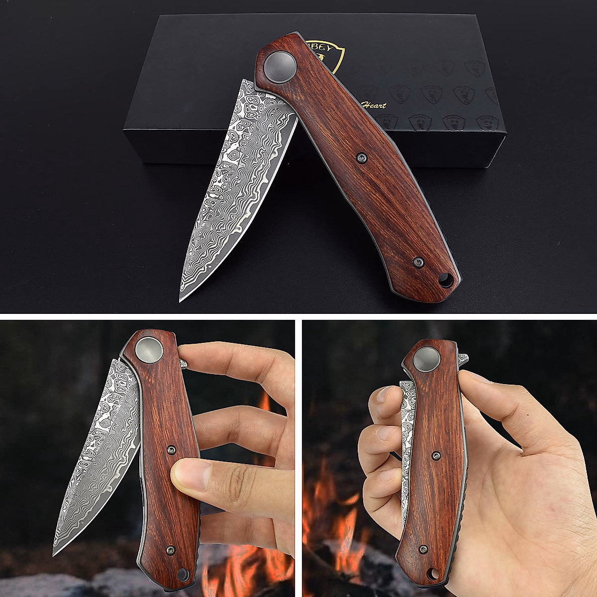 AUBEY Damascus Folding Pocket Knife Handmade with Clip for Men, Damascus Hunting Knife EDC Knife with Liner Lock for Outdoor Survival Camping Collection, Wooden Handle