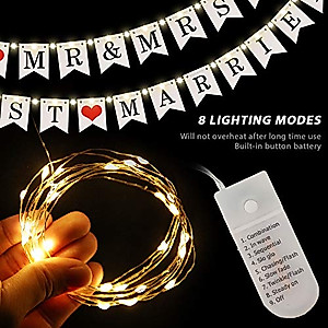 Mr and Mrs Just Married Banner, Wedding Bunting Banner with LED Fairy String Light 8 Flicker Mode, Hanging Sign Garland Pennant Photo Booth Props for Bridal Shower Wedding Engagement Car Party