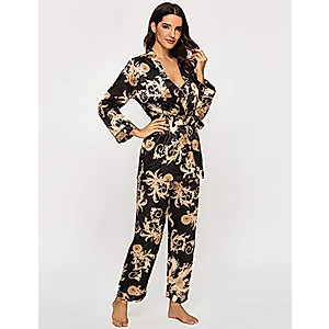 Escalier Women's Silk Satin Pajamas Set 3 Pcs Floral Silky Pj Sets Sleepwear Cami Nightwear with Robe and Pants Black M