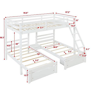 Triple Bunk Bed for Kids Teens,Can Be Separated Into 3 Full Over Twin & Twin Bunked Bedframe with Storage Drawer and Guardrails Wood for Living Room Bedroom,White