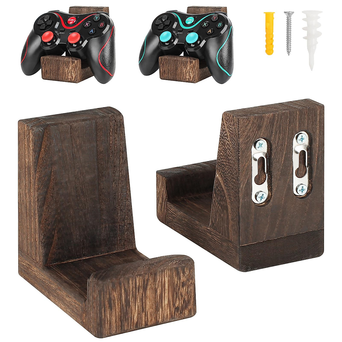BEARUT 2 Pack Wall Mounted Game Controller Holder Headset Stand Universal Controller Gaming PC Accessories Rack Headphone Stand for Xbox Series PS5 PS4 by Wood Adhesive Fixation or Screws Install