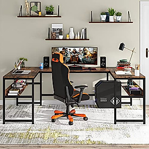 Tribesigns U- Shaped Desk with Bookshelf and Tilting Drawing Board, L Shaped Computer Desk Gaming Gamer Table Workstation Desk with 3 Desktop for Home Office (Rustic)
