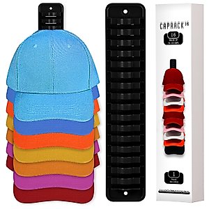 NAZZO Hat Rack for Baseball Caps, Hat Holder Organizer Display for Wall, Door, Closet, Bedroom, 1Pack Holds Up To 16 Hats, Adhesive or Drilling Double Use Cap Storage Hook, Black