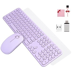 Mobifice Cute Keyboard and Mouse Wireless for PC Computer/Laptop/Windows/Mac/Tablets, Ultra-Thin 2.4GHz USB Cordless Full-Sized Silent Retro Computer Keyboard Mouse Combo (Purple)