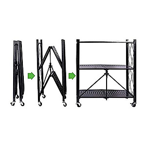 ATAAY Foldable Storage Shelves with Wheels,Metal Storage Shelving Units, Heavy Duty Collapsible Kitchen Shelves Bookshelf,Small Rack with Wheels/White