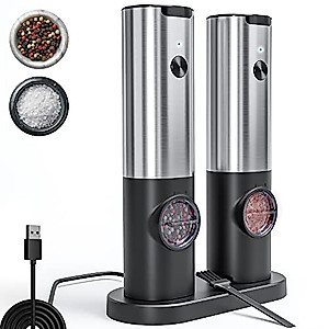 Electric Salt and Pepper Grinder Set with Rechargeable Base, Stainless Steel Salt and Pepper Grinders/Mill with Adjustable Coarseness, Refillable Salt and Pepper Shakers with LED Light, a Pair