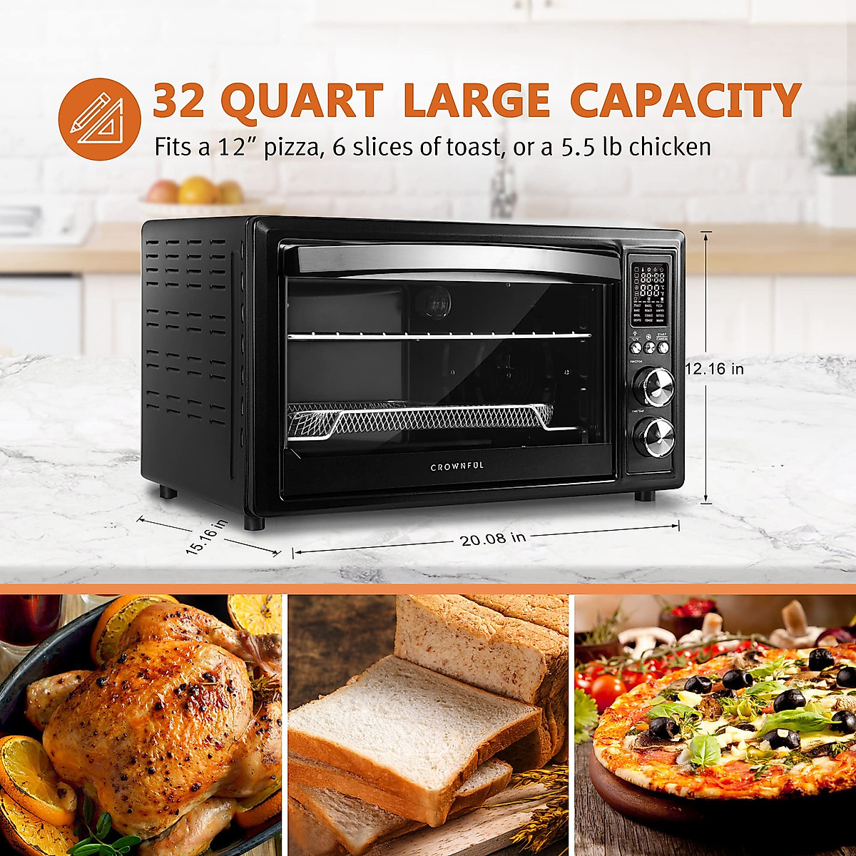 CROWNFUL Air Fryer Toaster Oven, 32 Quart Convection Roaster with Rotisserie & Dehydrator Combo Cooker, 12 Presets, Accessories and Cookbook Included, ETL Listed (Black)
