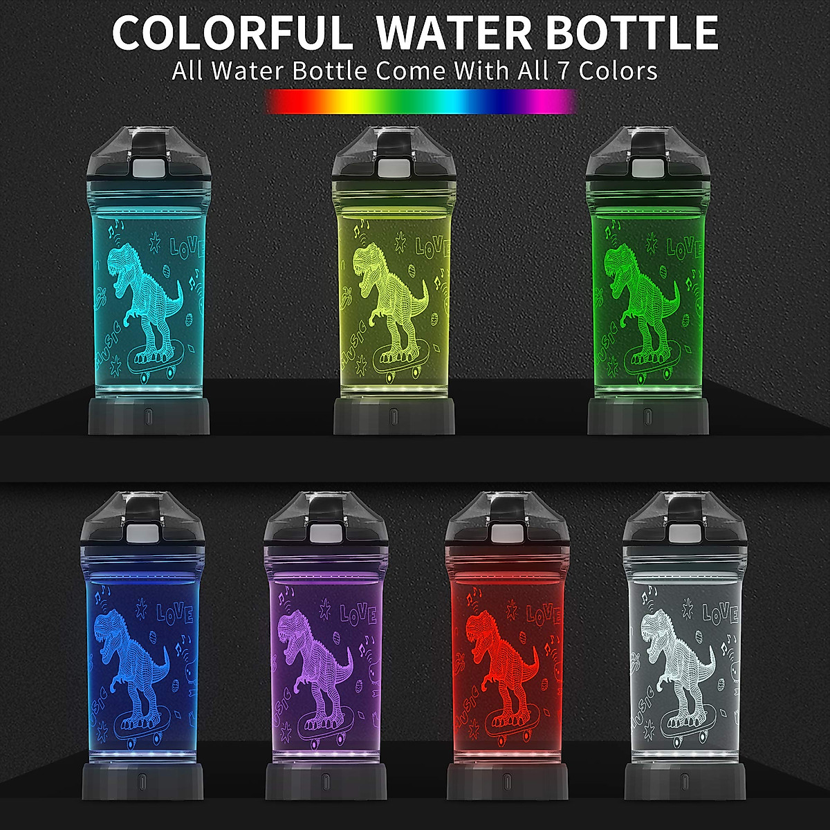 Lightzz Kids Watter Bottle，3D Dinosaur Cup with LED Illusion Light with 7 Color Changing Light - 14 0z BPA Free - Creative Travel Cup Dinosaur Gift for School Kid Boy Holiday