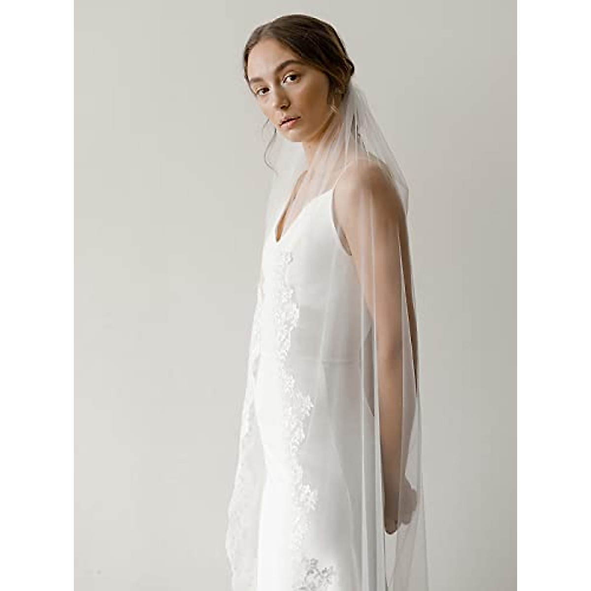 Latious Lace Wedding Bride Veils Ivory 1 Tier Floral Bridal Veil Long Tulle Veils with Comb Cathedral Veils for Brides and Women (Ivory)