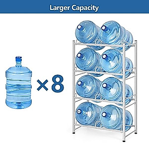 5 Gallon Water Jug Holder of 4 Tiers Water Bottle Storage Rack Stand with Large Capacity for 8 Bottles Heavy Duty Water Bottle Organizer Save Space for Kitchen, Dining Room, Garage (Silver)
