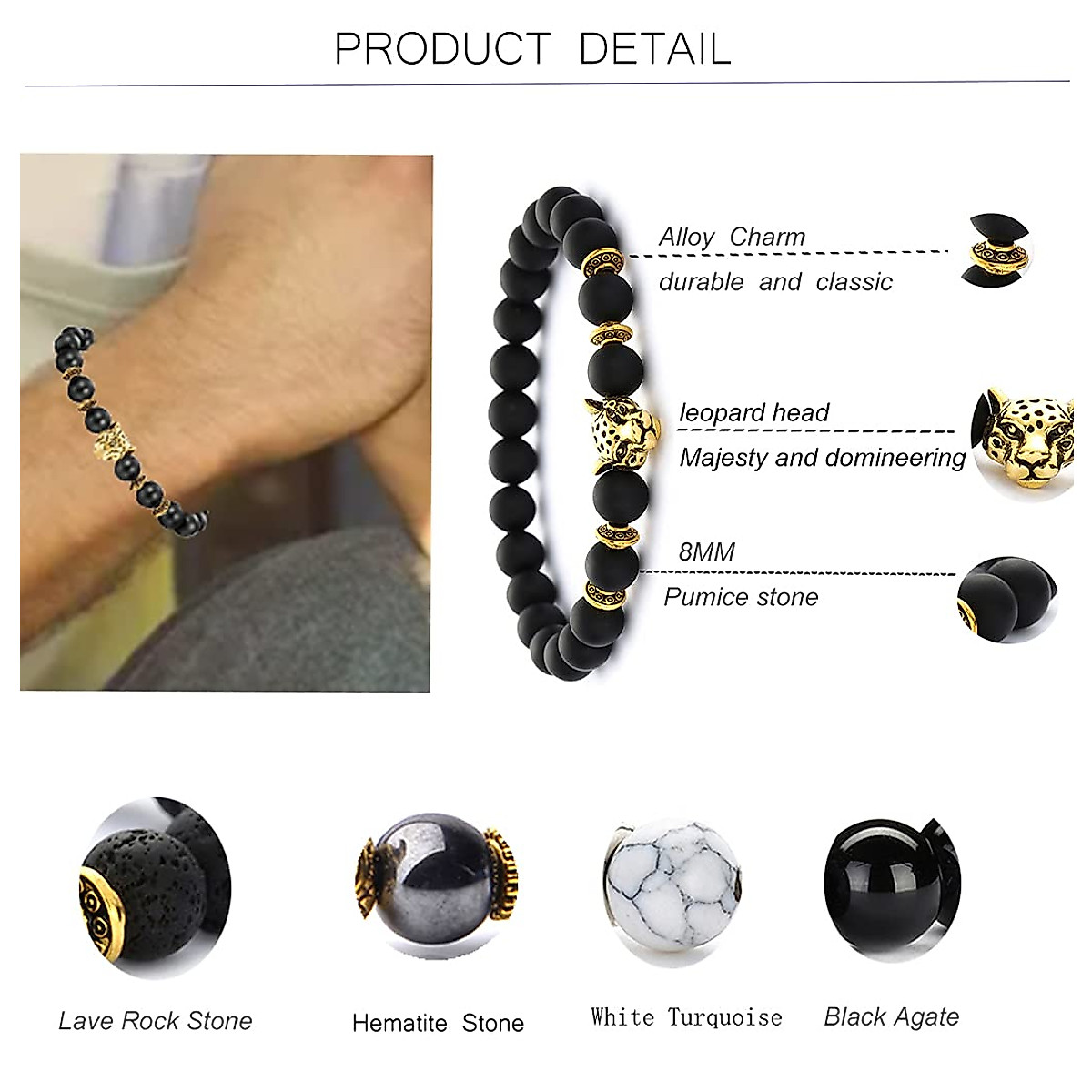 CASDAN 12Pcs 8MM Lava Rock Stone Bead Bracelet for Men Women Dragon/Lion/Panther Leopard Head Bracelet Charm Bracelets Set Adjustable